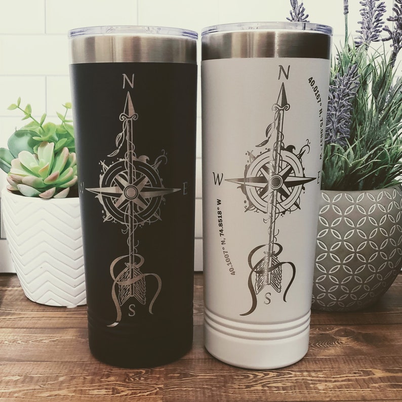 Compass With Arrow and Feathers Laser Engraved on 22 Oz Polar - Etsy