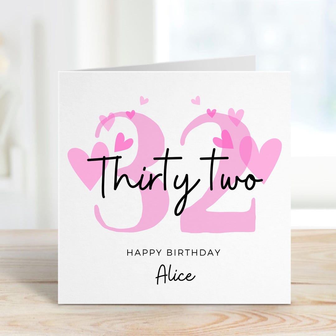 Personalized 32nd Birthday, Pink Hearts, Custom Name, Happy Birthday ...