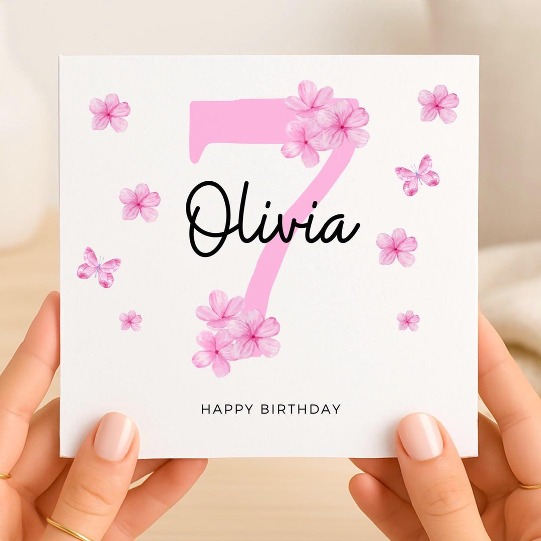 Personalized 7th Birthday Card, Pink Floral, Custom Name - Etsy
