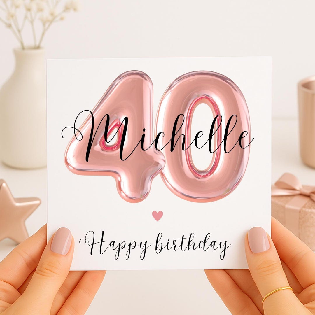 Personalized 40th Birthday Card, Pink Balloon, Custom Name, Milestone ...