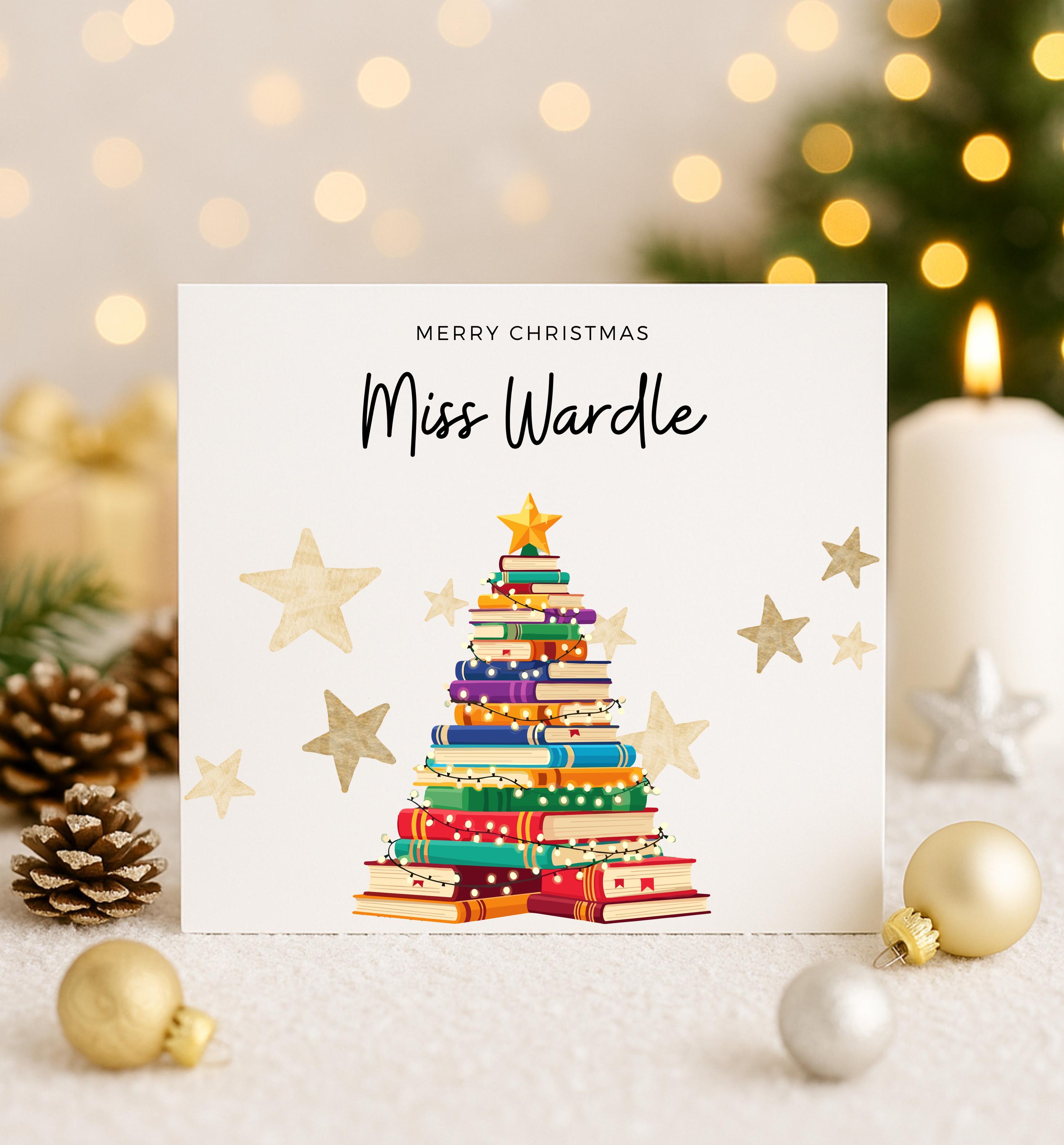Personalized Teacher Christmas Card, Book Tree Design, Festive Thank ...