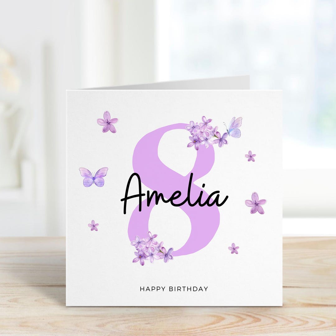 8th Birthday Card for Girl, 8th Birthday Card for Daughter, Cute Purple ...