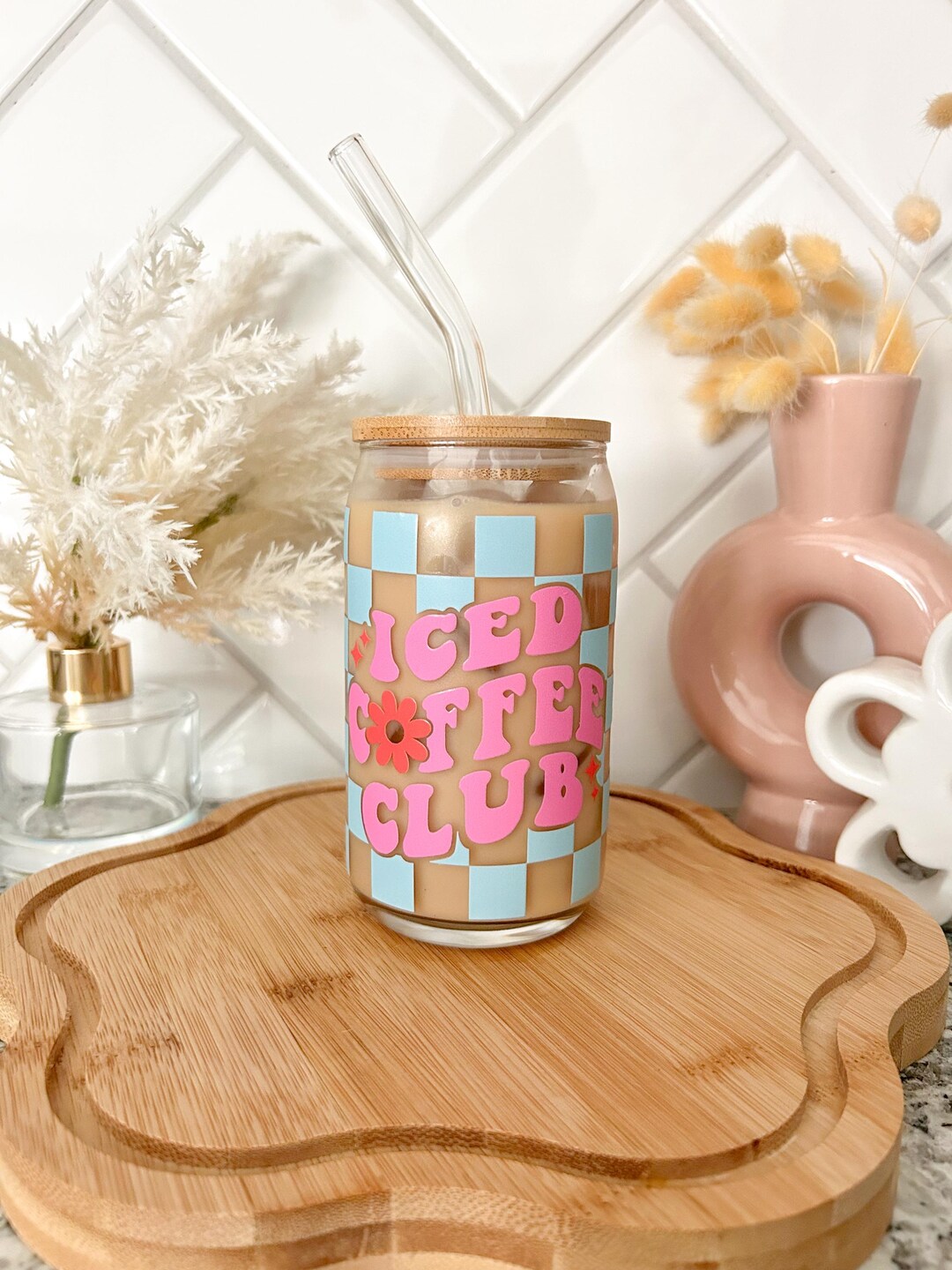 Iced Coffee Club | Checkered | Glass Cups With Bamboo Lids and Straws ...