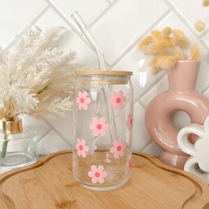 Pink Daisies Glass Cups With Bamboo Lids and Straws Coffee Cups Glass ...