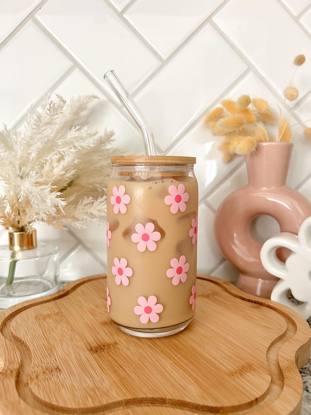Pink Daisies Glass Cups With Bamboo Lids and Straws Coffee Cups Glass ...