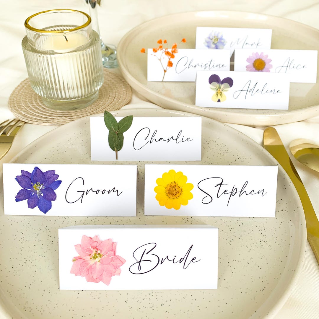 Folded Mixed Pressed Flower Personalized Placecards for Wedding, Bridal ...