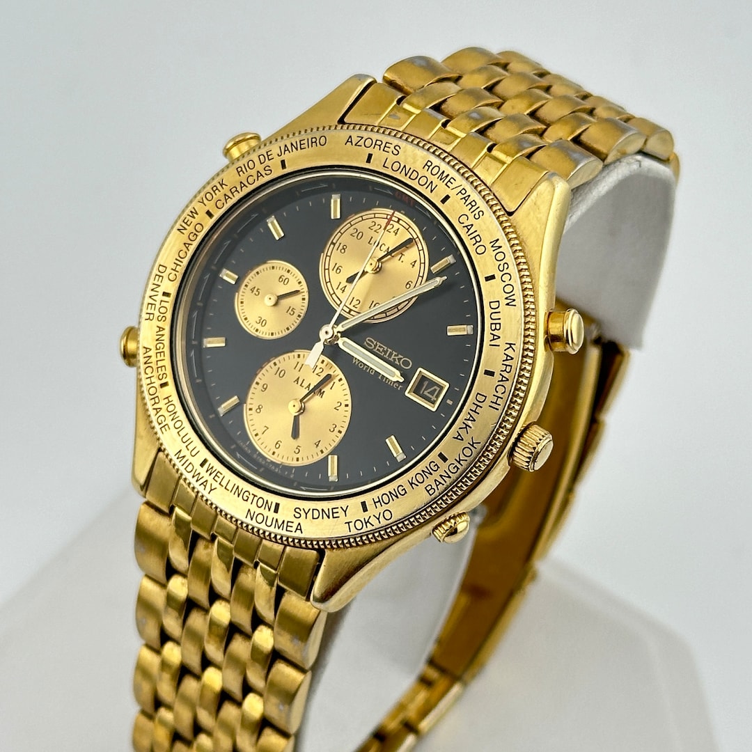 Seiko World Timer Chronograph Quartz Watch With Gold Tone Case and ...