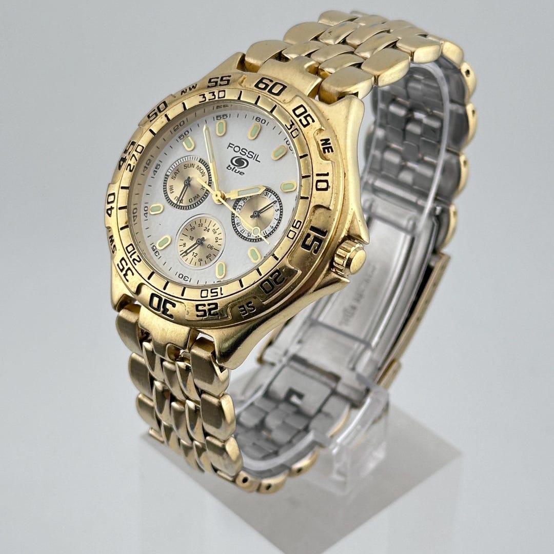 Vintage Fossil Blue 40mm Mens Gold Tone Watch With 24-hour, Day, and ...
