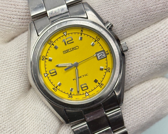 Seiko Kinetic Stainless Steel Watch With Yellow Dial & Date C.1998 - Etsy