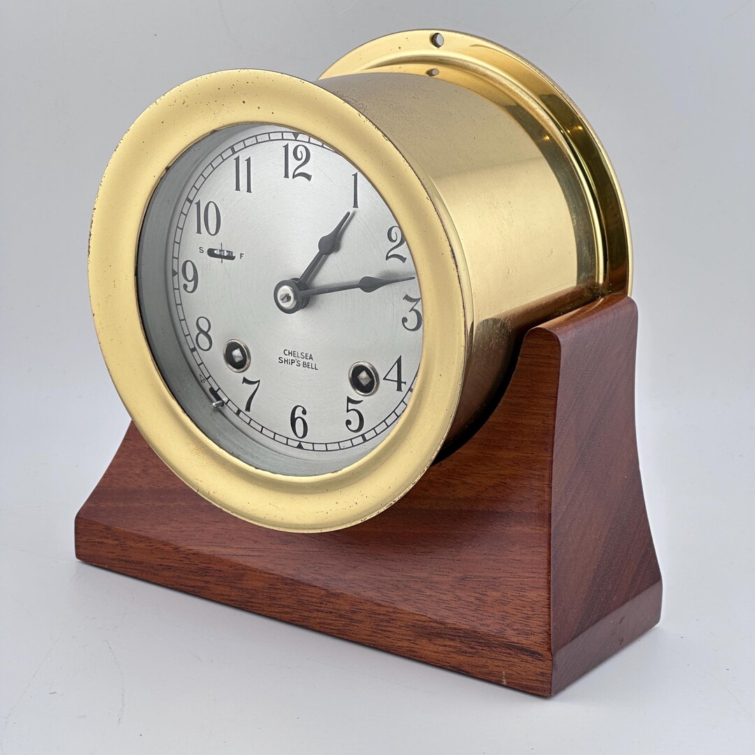 Chelsea Boston 8-day Shipstrike 4.5” Brass Ship Clock in Mahogany Stand ...