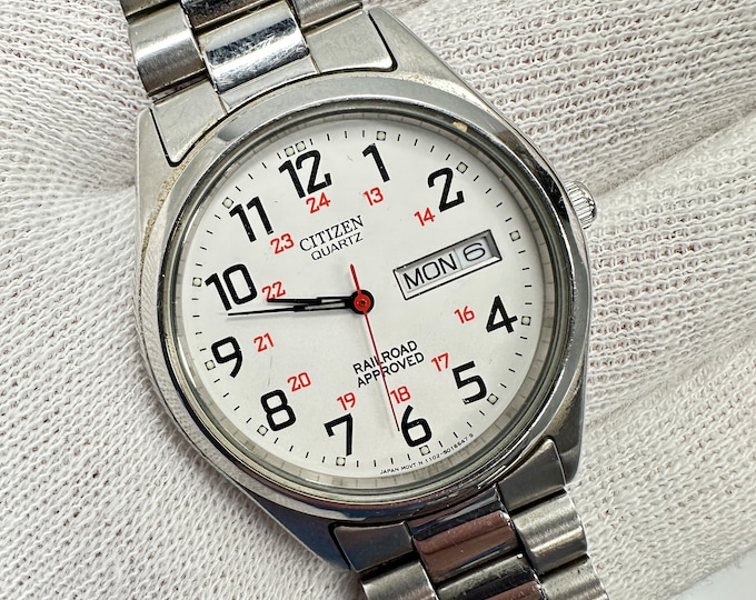 Vintage Citizen Railroad Approved Stainless Steel Day Date Quartz Watch ...
