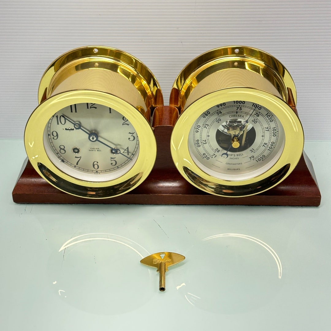 Chelsea Brass Ships Bell Clock and Barometer Weather Station on Double ...
