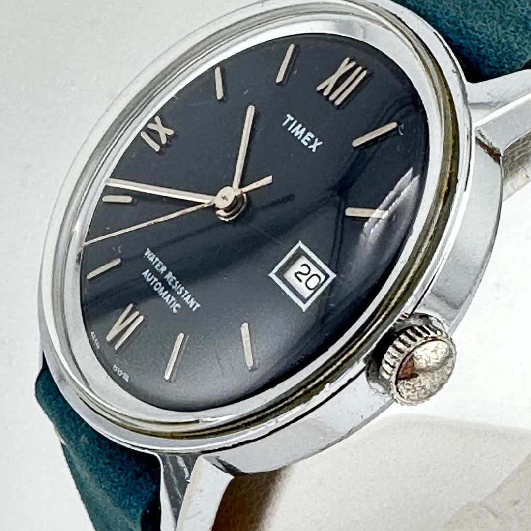 Timex Stainless Steel Automatic Navy Blue Men’s 35mm Wristwatch C.1974 ...