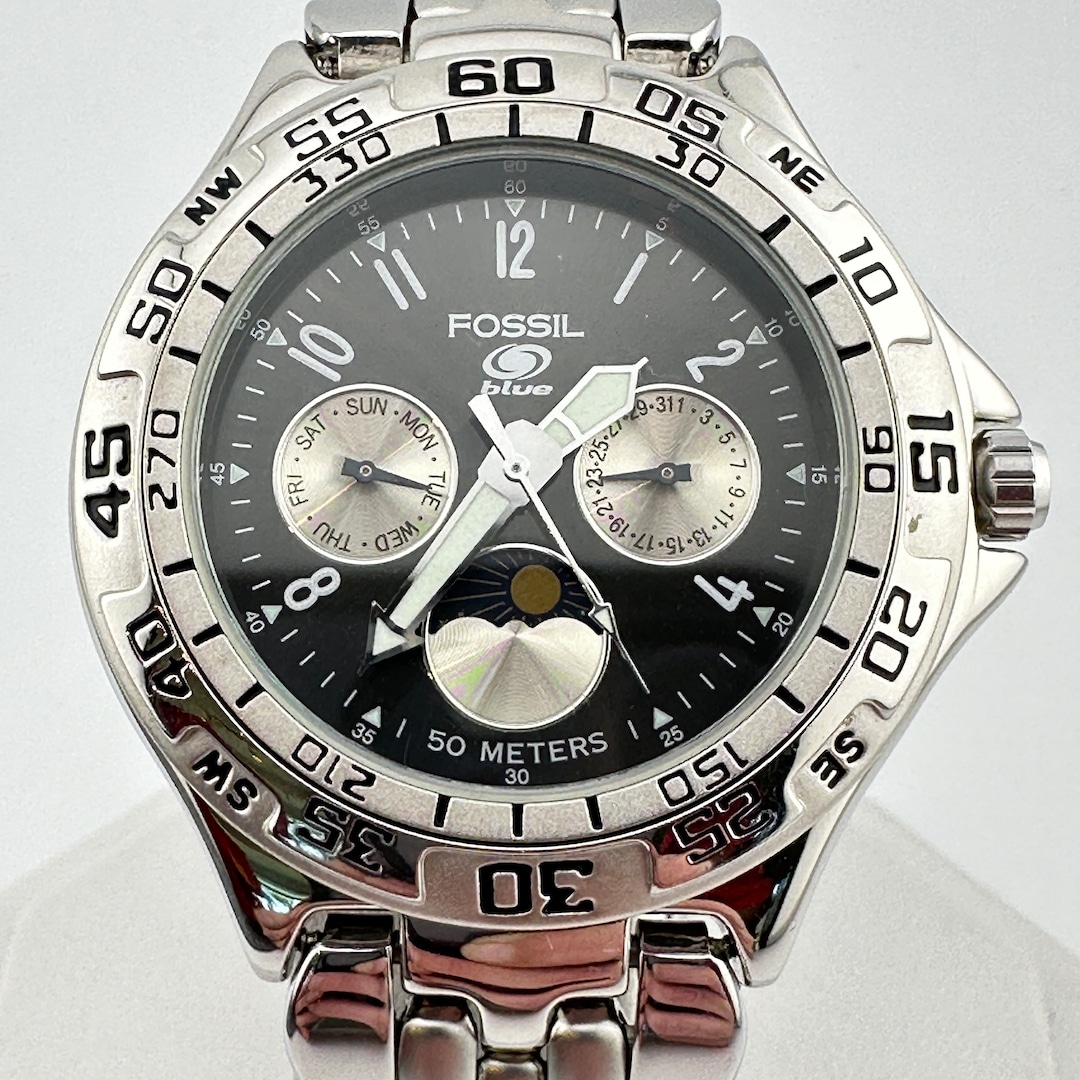 Vintage Fossil Blue 43mm Mens Watch With Sun/moon, Day and Date ...