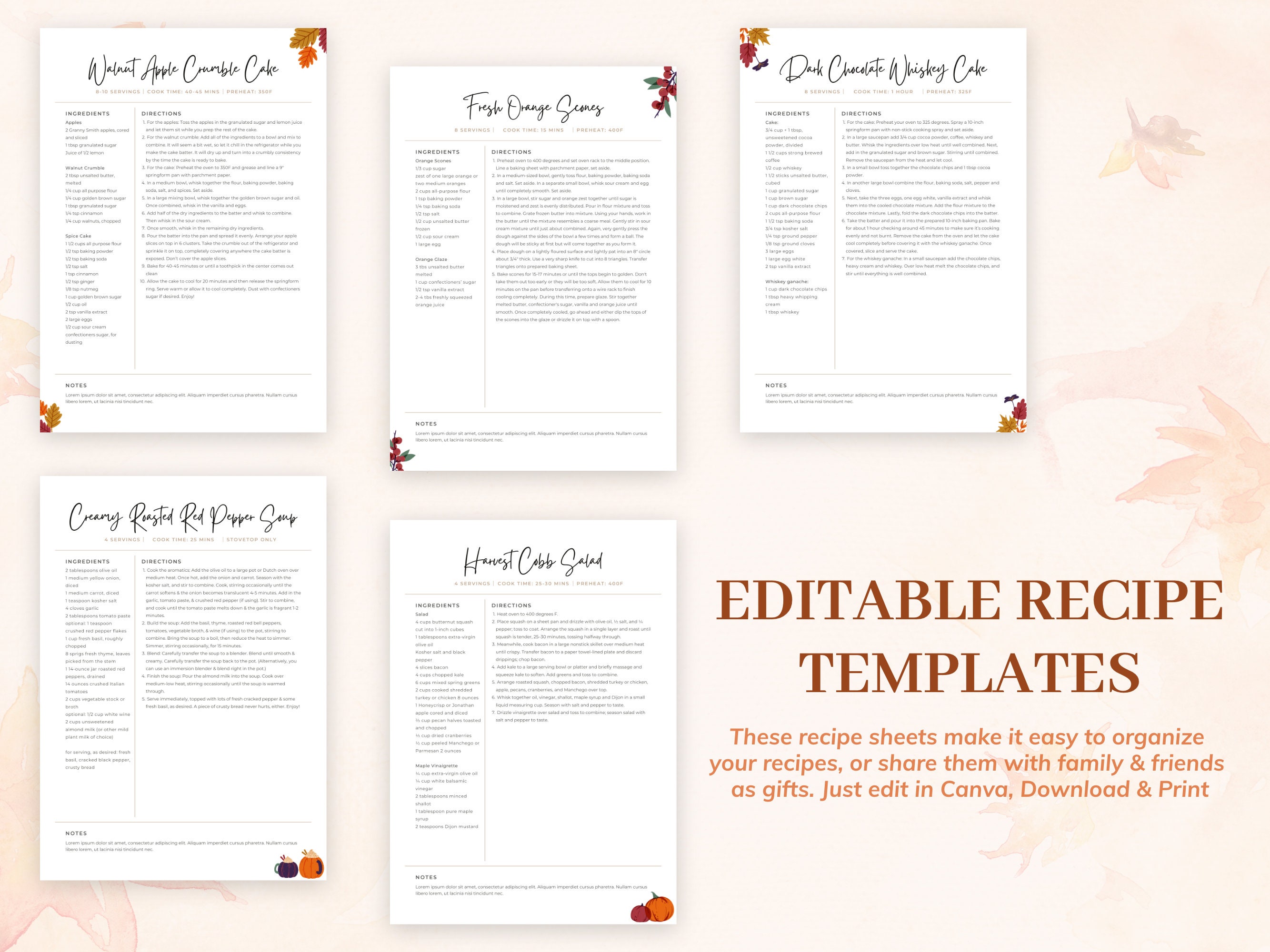 FALL Recipe Template, Editable Recipe Template, EDITABLE Thanksgiving ...