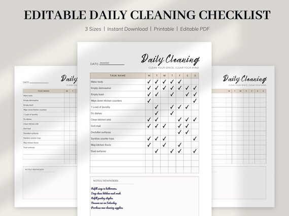 EDITABLE Daily Cleaning Schedule Cleaning Checklist - Etsy
