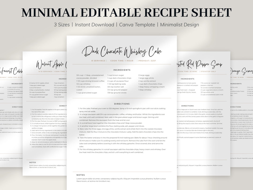 Minimalrecipe Template, Printable Recipe, Simple Recipe Card, EDITABLE ...