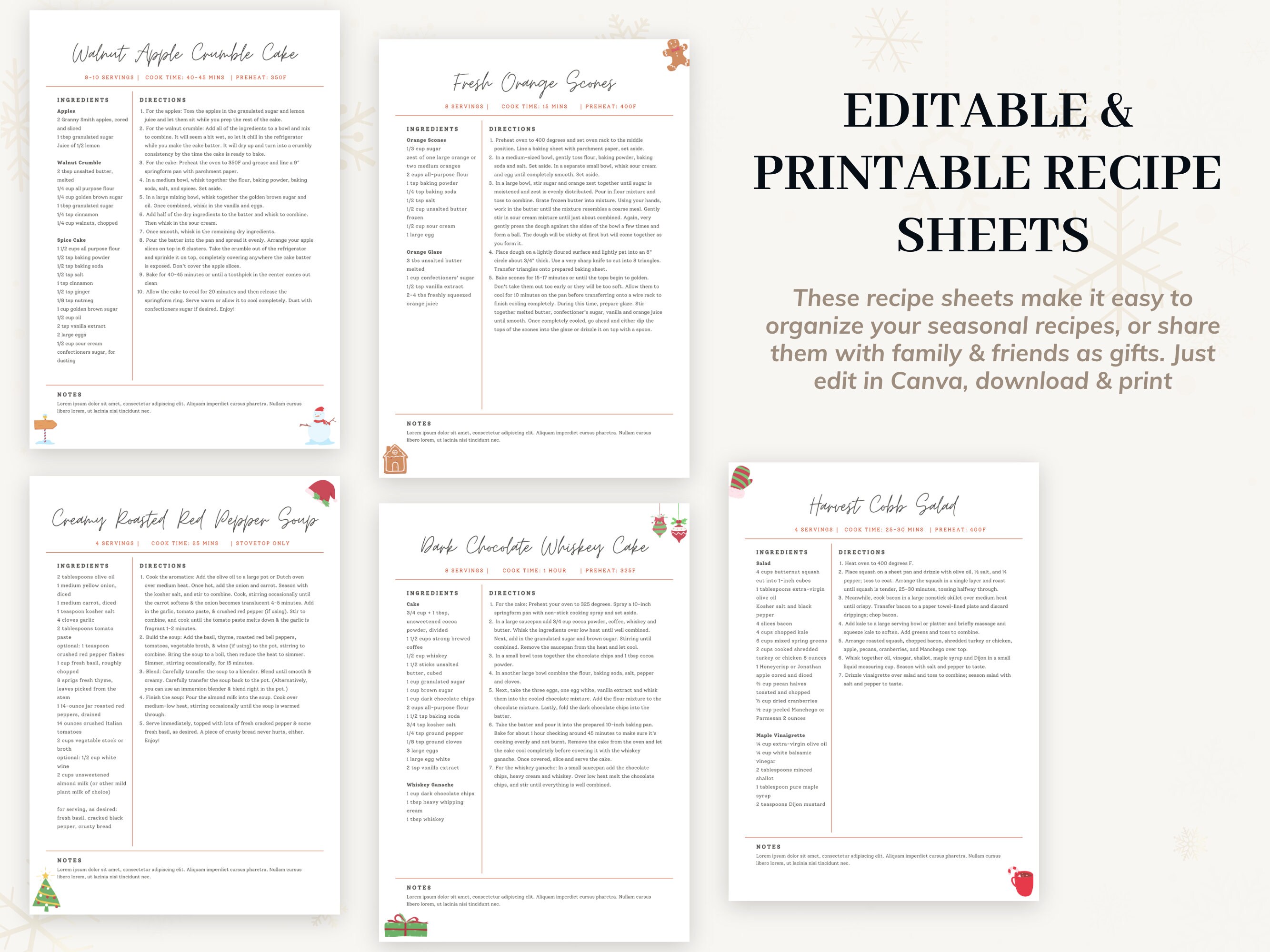 Cute Festive Christmas Recipe Template, Editable Recipe Template, Happy ...