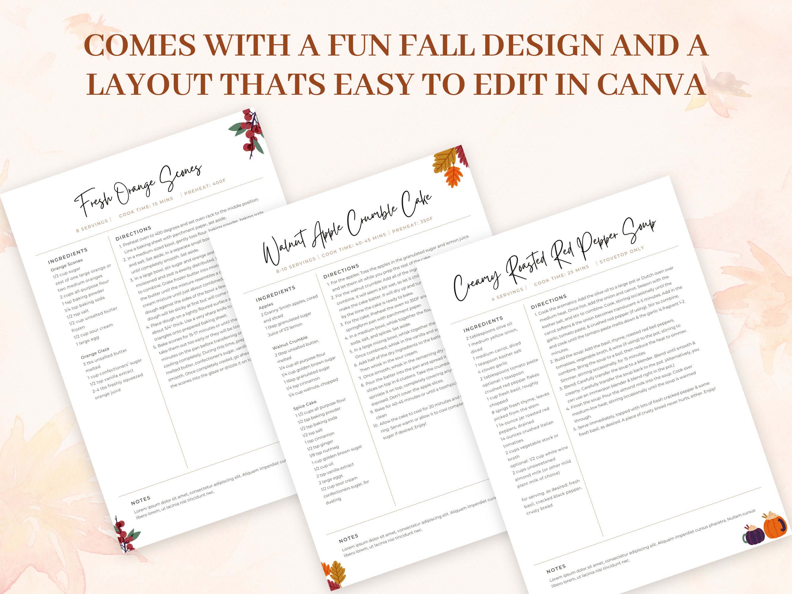 FALL Recipe Template, Editable Recipe Template, EDITABLE Thanksgiving ...
