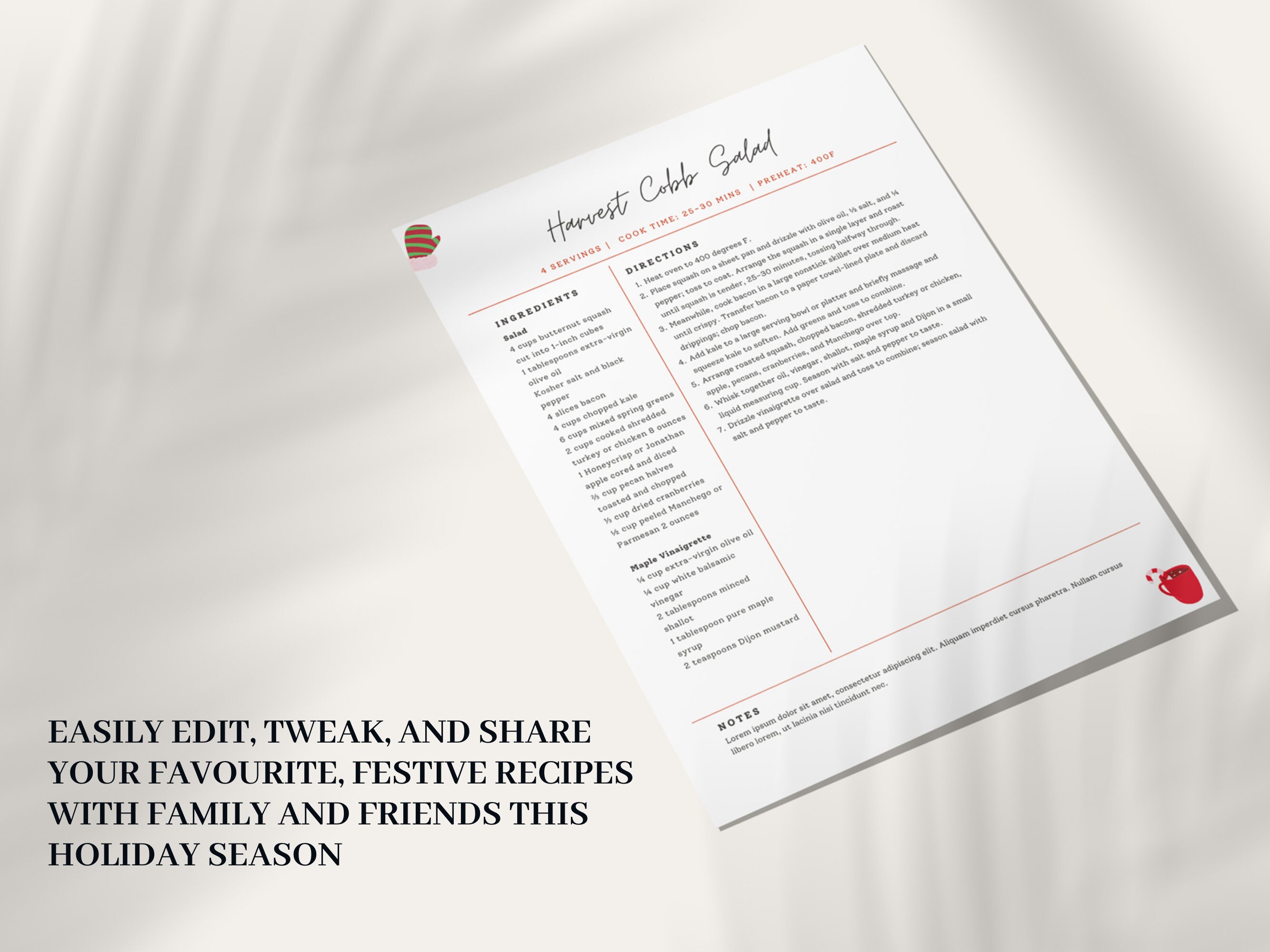 Cute Festive Christmas Recipe Template, Editable Recipe Template, Happy ...