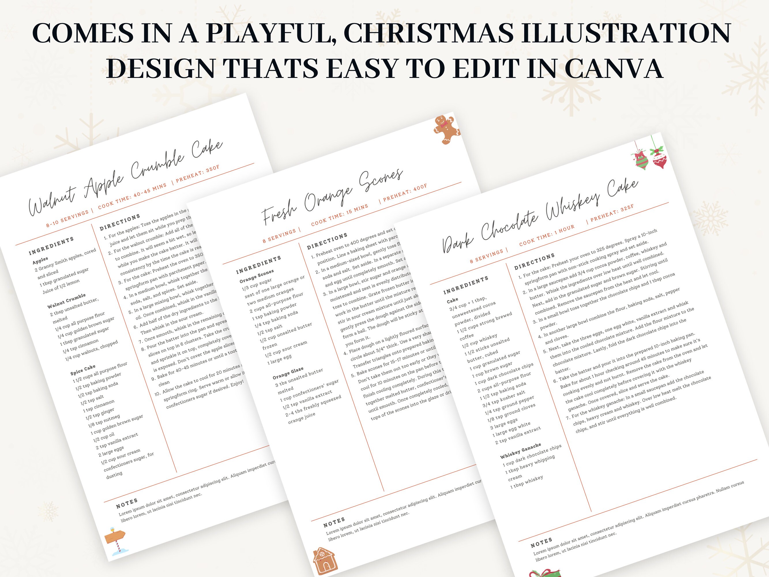 Cute Festive Christmas Recipe Template, Editable Recipe Template, Happy ...