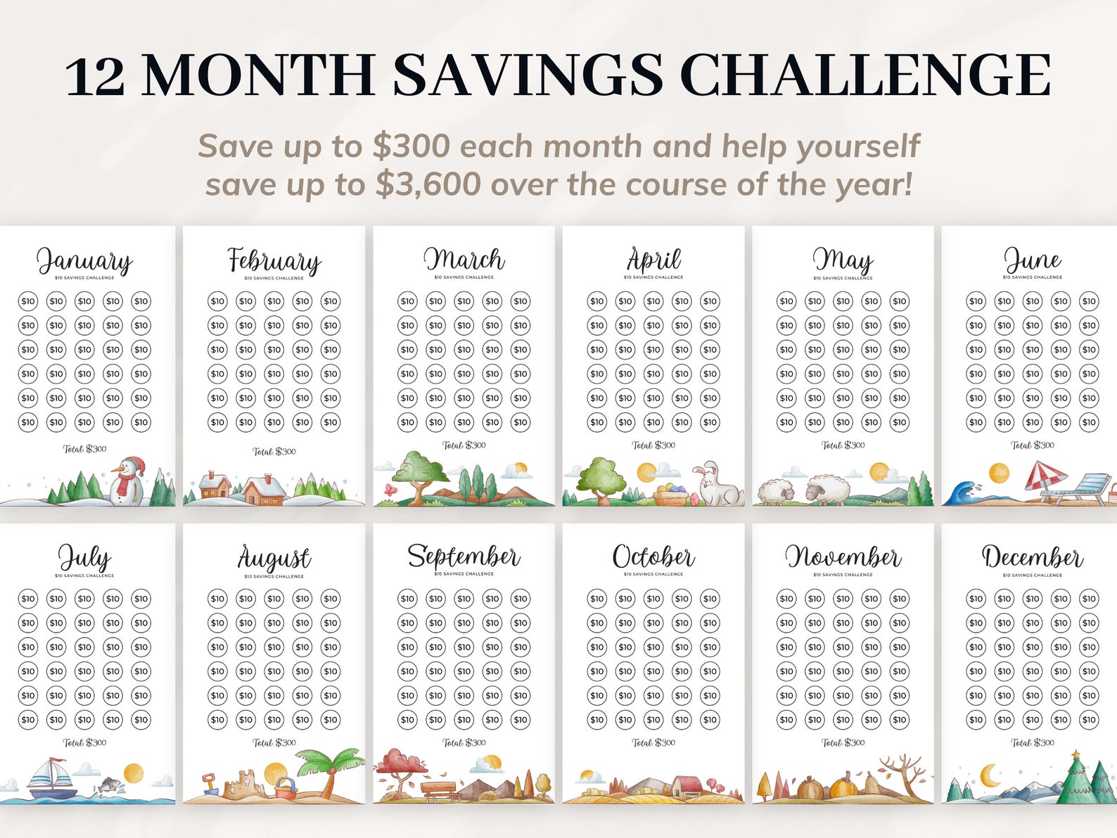 MINI 12-month Savings Challenge, 30 Day 10 Dollar Savings Challenge ...