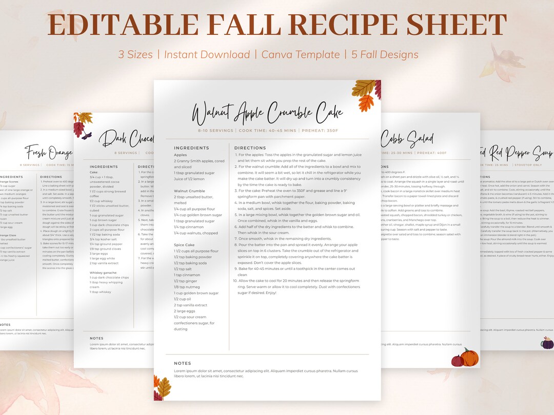 FALL Recipe Template, Editable Recipe Template, EDITABLE Thanksgiving ...