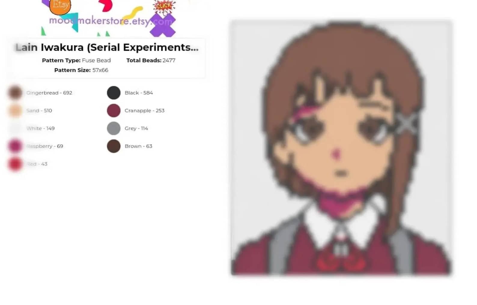 Lain Iwakura Hama Bead Pattern – PDF Bead Sprite Design – Anime Pixel ...