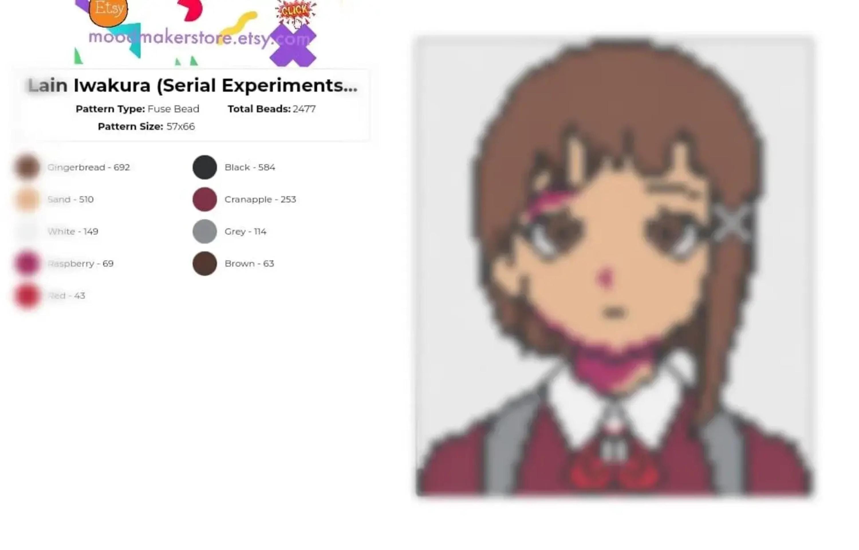 Lain Iwakura Hama Bead Pattern – PDF Bead Sprite Design – Anime Pixel ...