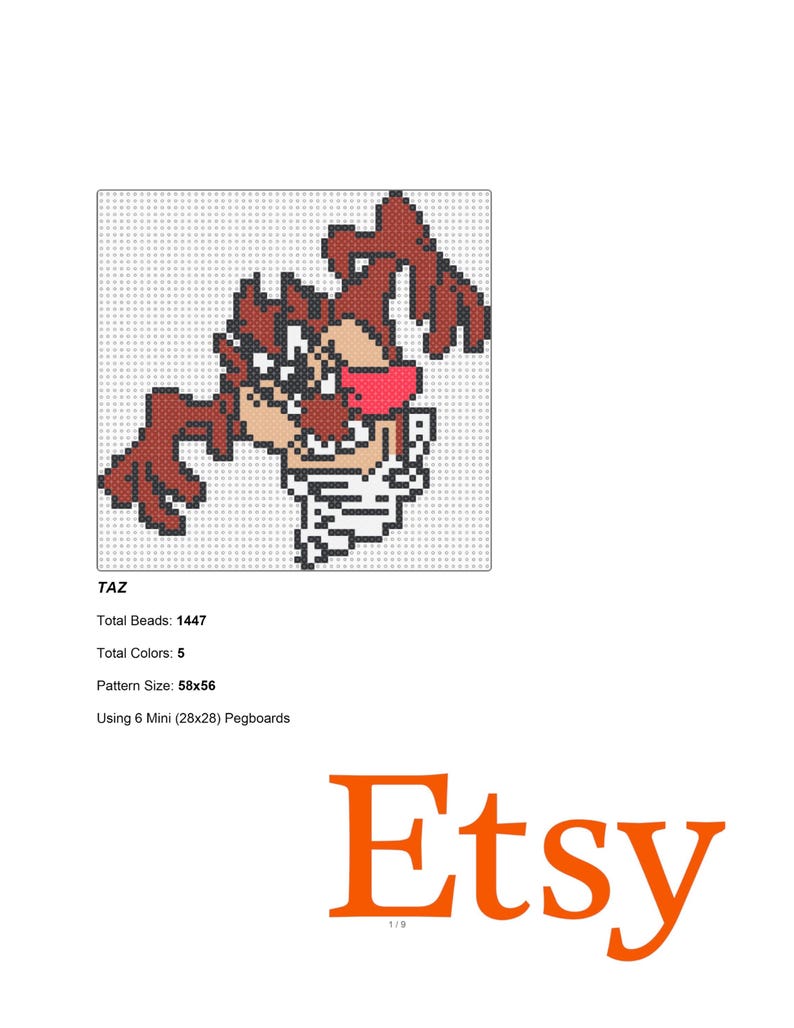 Taz Hama Bead Pattern | DIY Perler Bead Design | Instant Download - Etsy