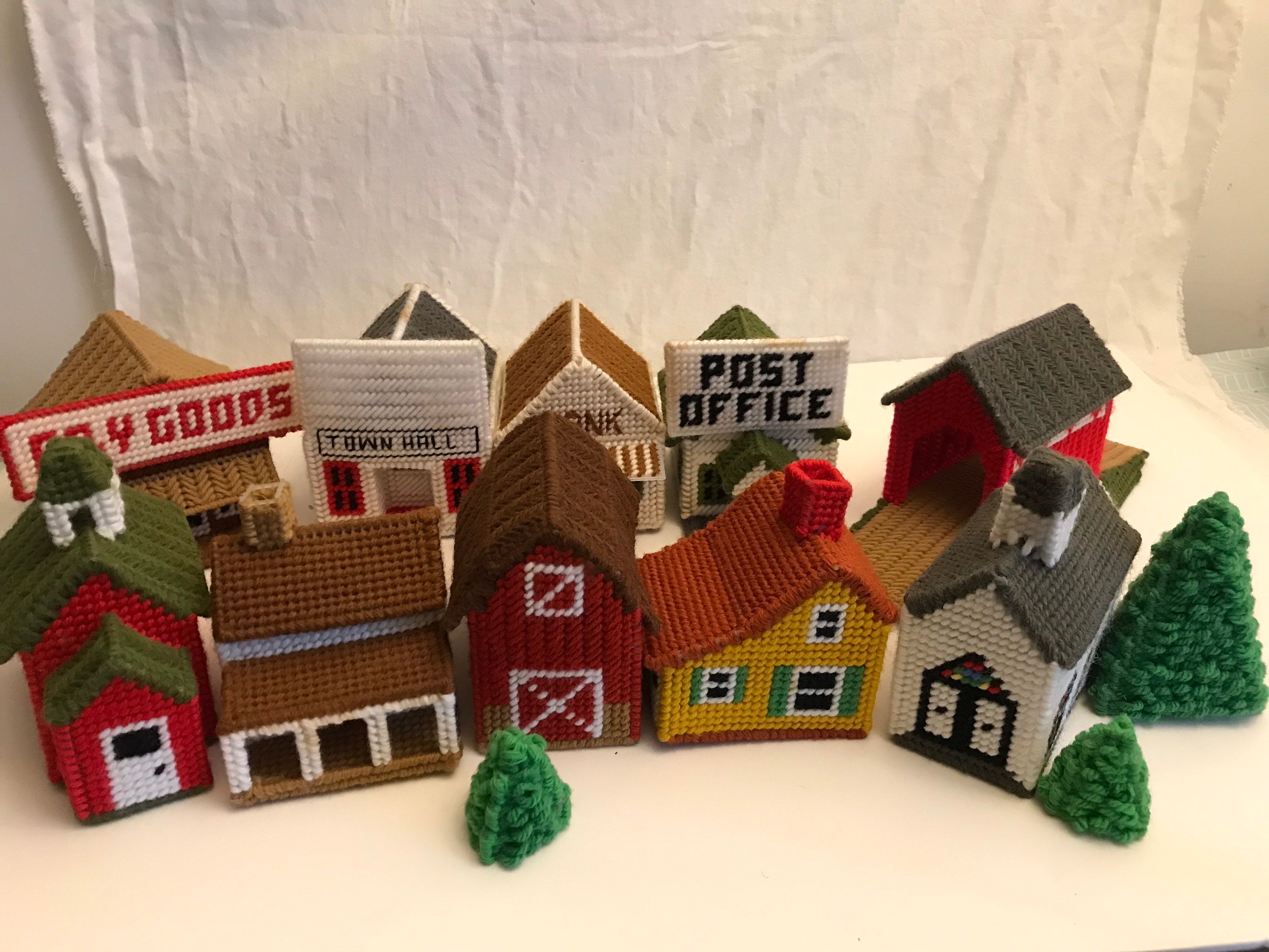 Vintage Crochet Village Yarn Houses Crocheted Art Miniature Town Very ...