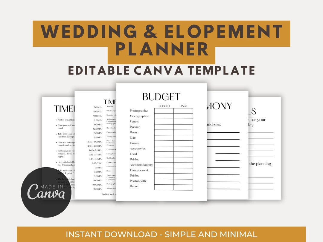 Elopement Planner Printable, Simple & Customizable Canva Template With ...