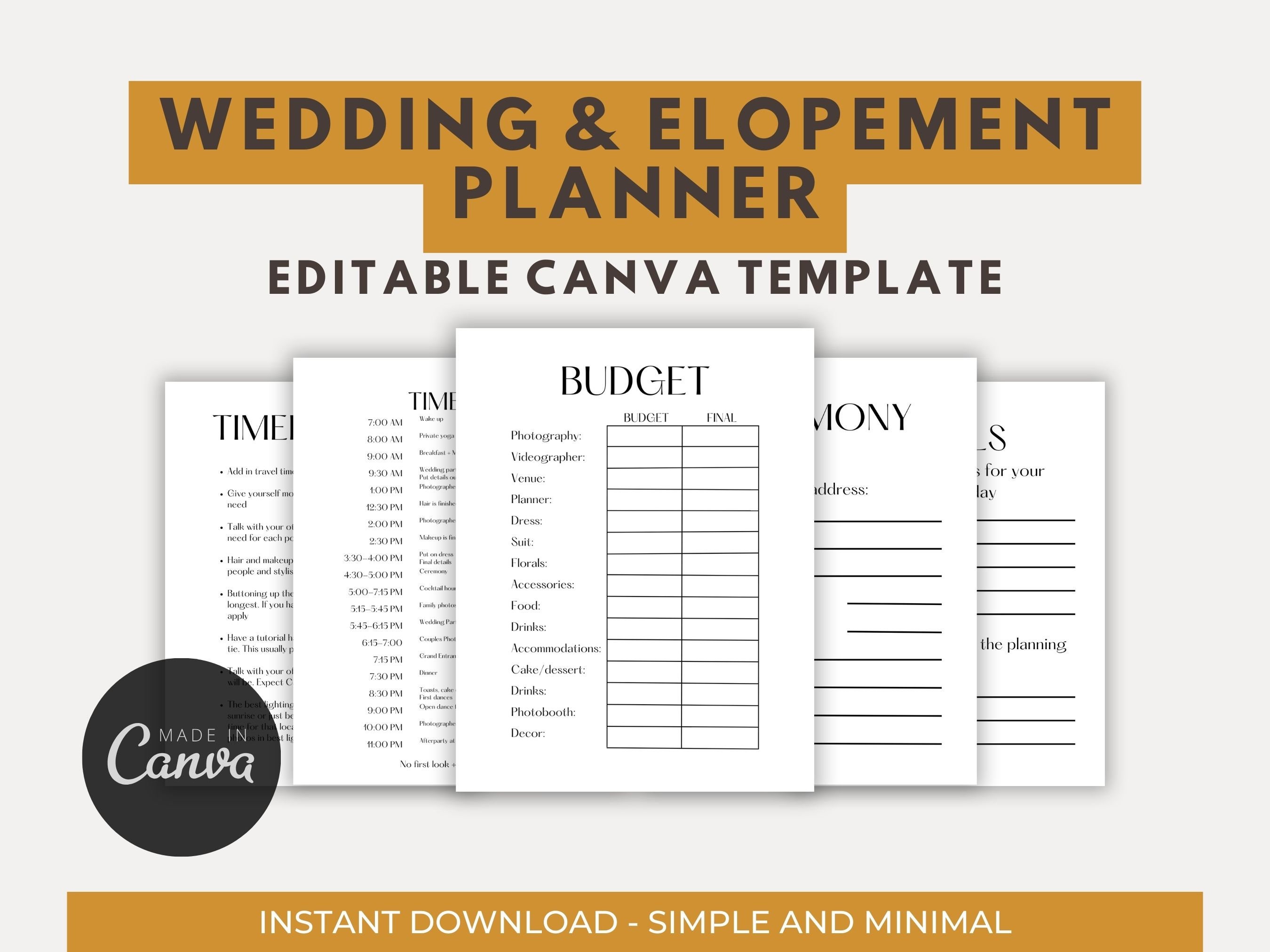 Elopement Planner Printable, Simple & Customizable Canva Template With ...