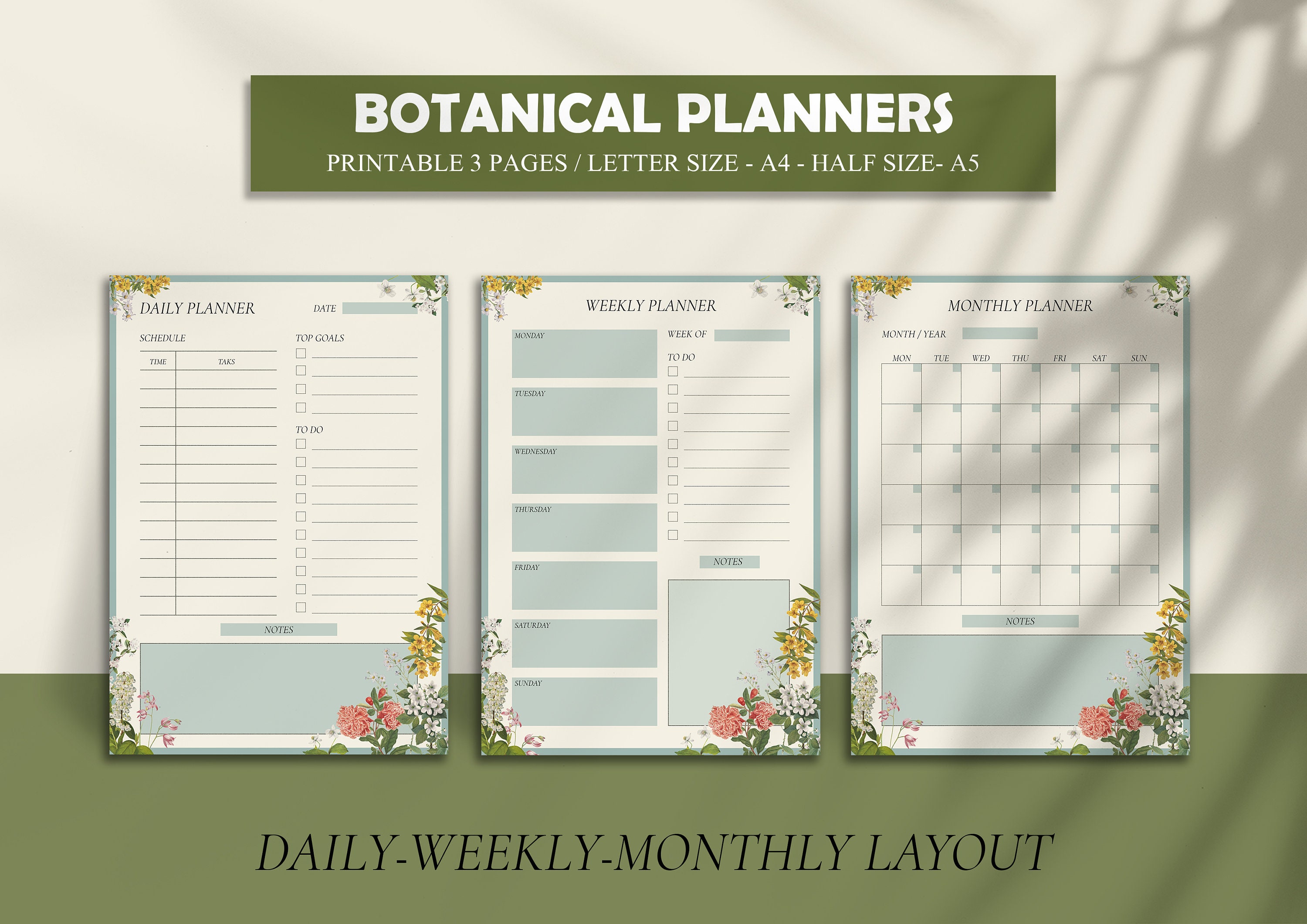 Botanical Printable Planner, Planner Bundle, Daily Planner, Weekly ...