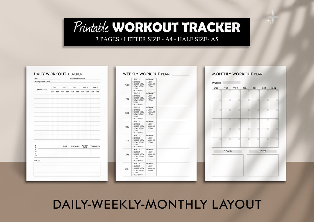Workout Tracker Printable, Daily Exercise Planner, Weekly Monthly ...
