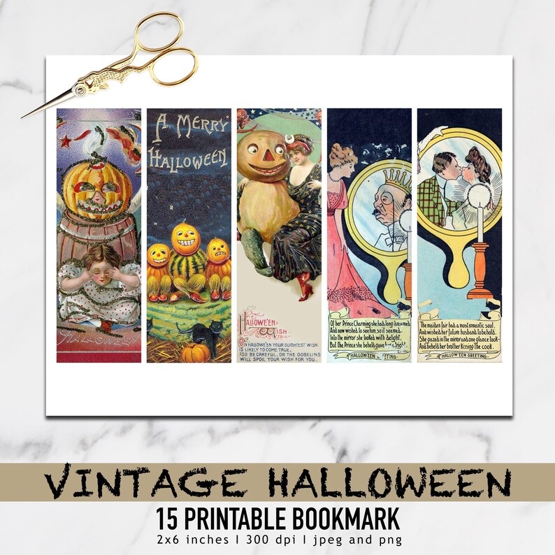 Vintage Halloween Printable Bookmarks, Book Lover Halloween, Digital ...