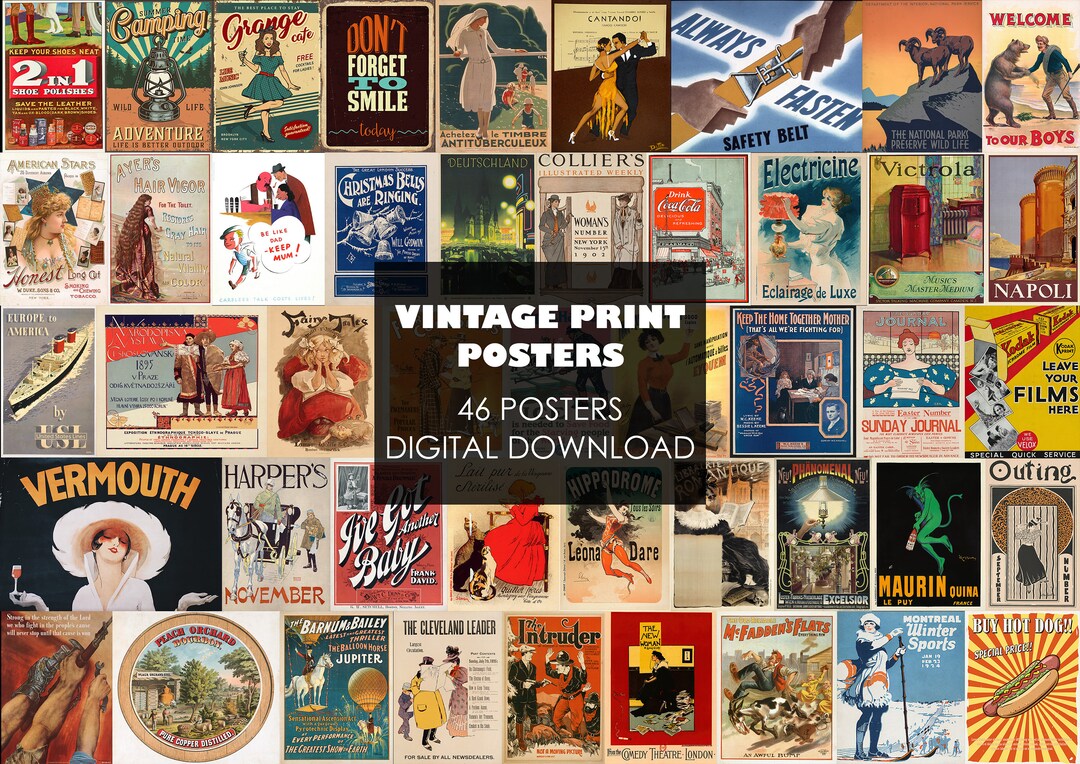 46 Awesome Vintage Print Posters, High Res Image Bundle, Digital ...
