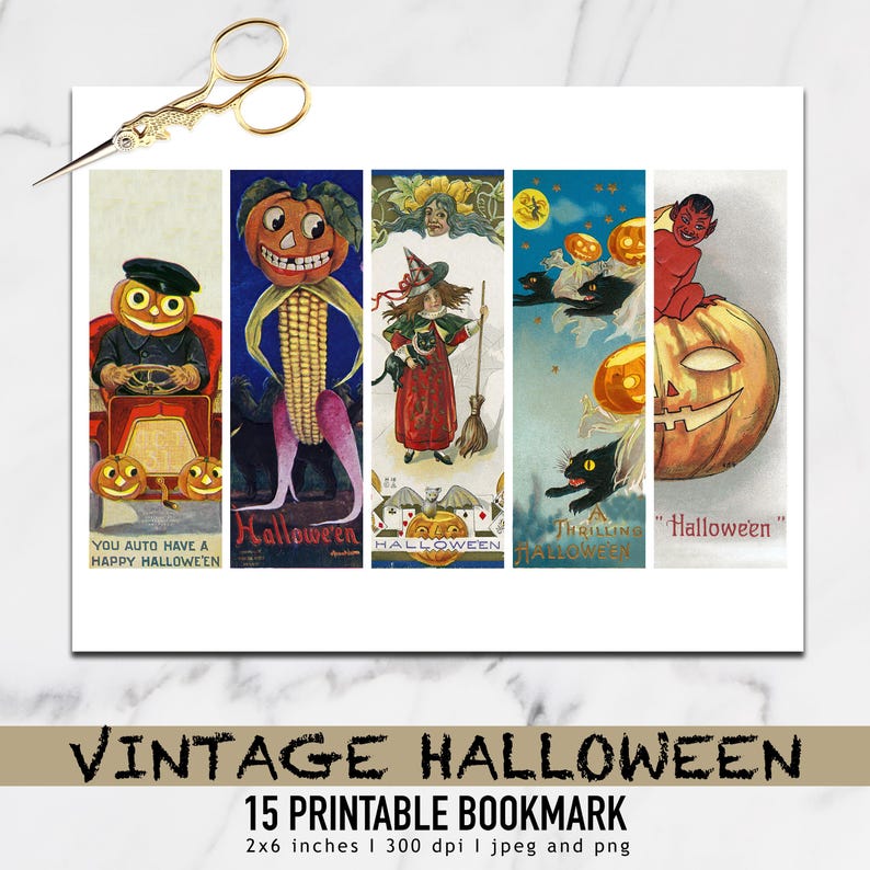 Vintage Halloween Printable Bookmarks, Book Lover Halloween, Digital ...