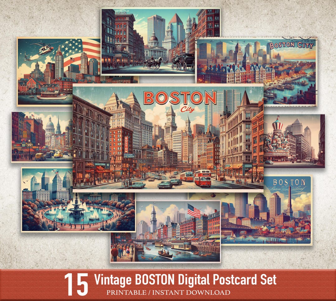 Vintage Boston Postcard Set, Printable Boston City Art, Retro Boston ...