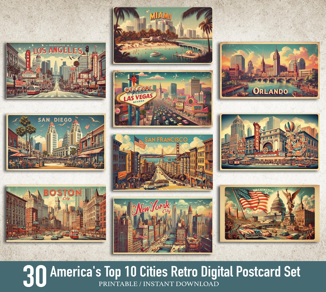 Retro USA Cities Postcard Set, Vintage American Landmarks Art, 30 ...
