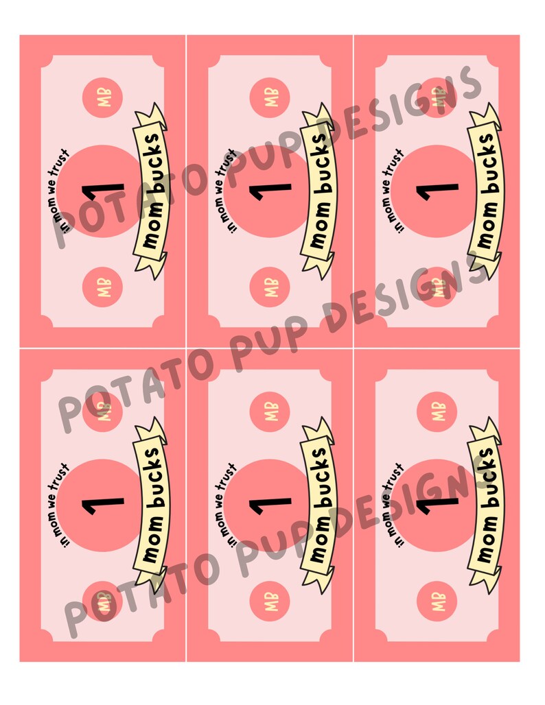 Mom Bucks Reward System, PRINTABLE INSTANT DOWNLOAD, 5 Sheets Reward ...