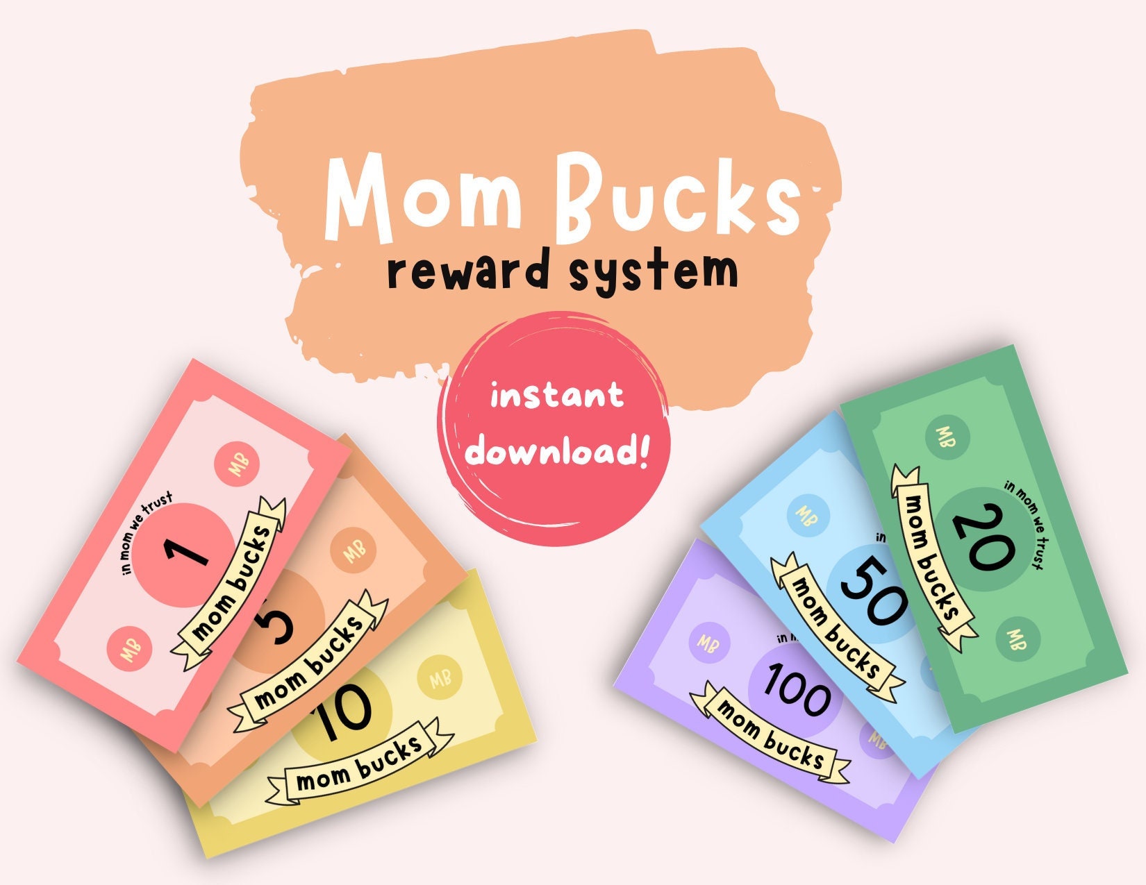 Mom Bucks Reward System, PRINTABLE INSTANT DOWNLOAD, 5 Sheets Reward ...