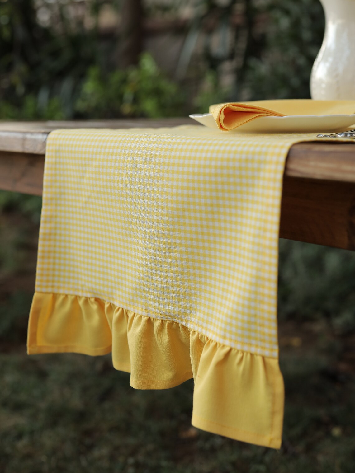 Linen Table Runner in Yellow Gingham With Ruffle Edges, Linen Runner ...