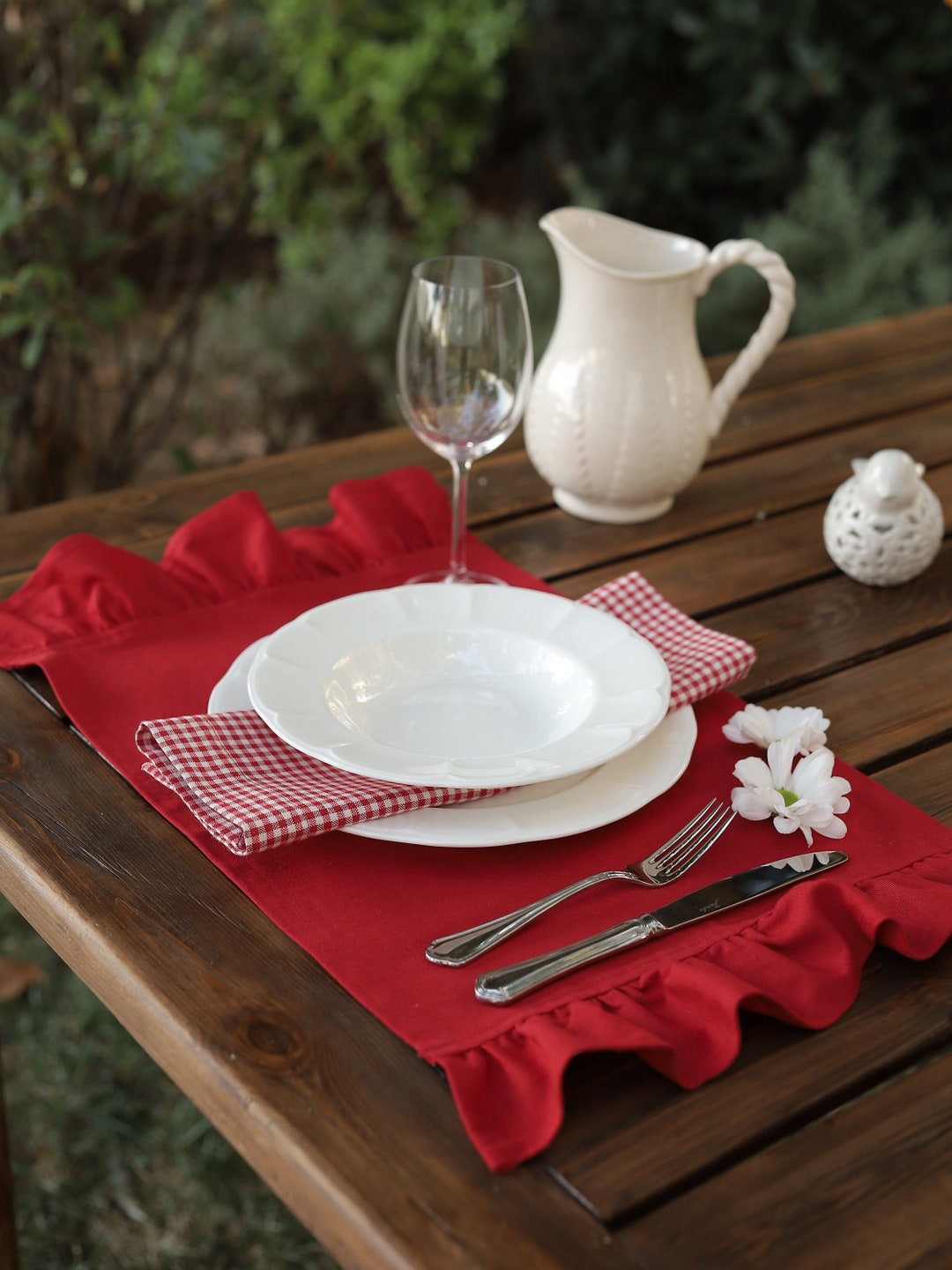 Rustic Red Linen Placemat With Ruffled in Various Colour, Water Proof Placemats, Red Handmade ...