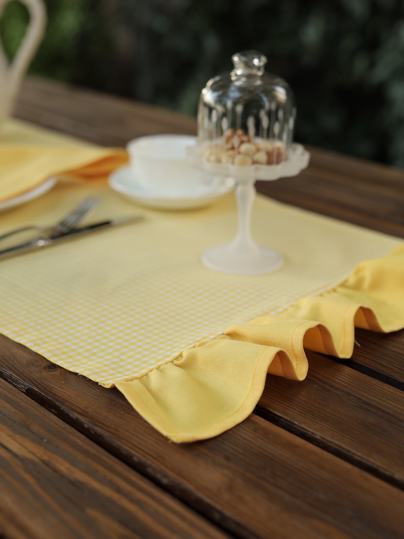Linen Table Runner in Yellow Gingham With Ruffle Edges, Linen Runner ...