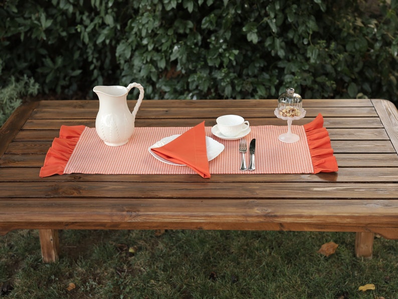 Orange Gingham Linen Table Runner With Ruffle Edges - Etsy