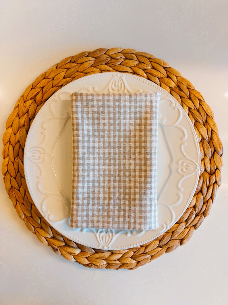 Rustic Beige Gingham Linen Napkins Set in Various Color, Water Proof ...