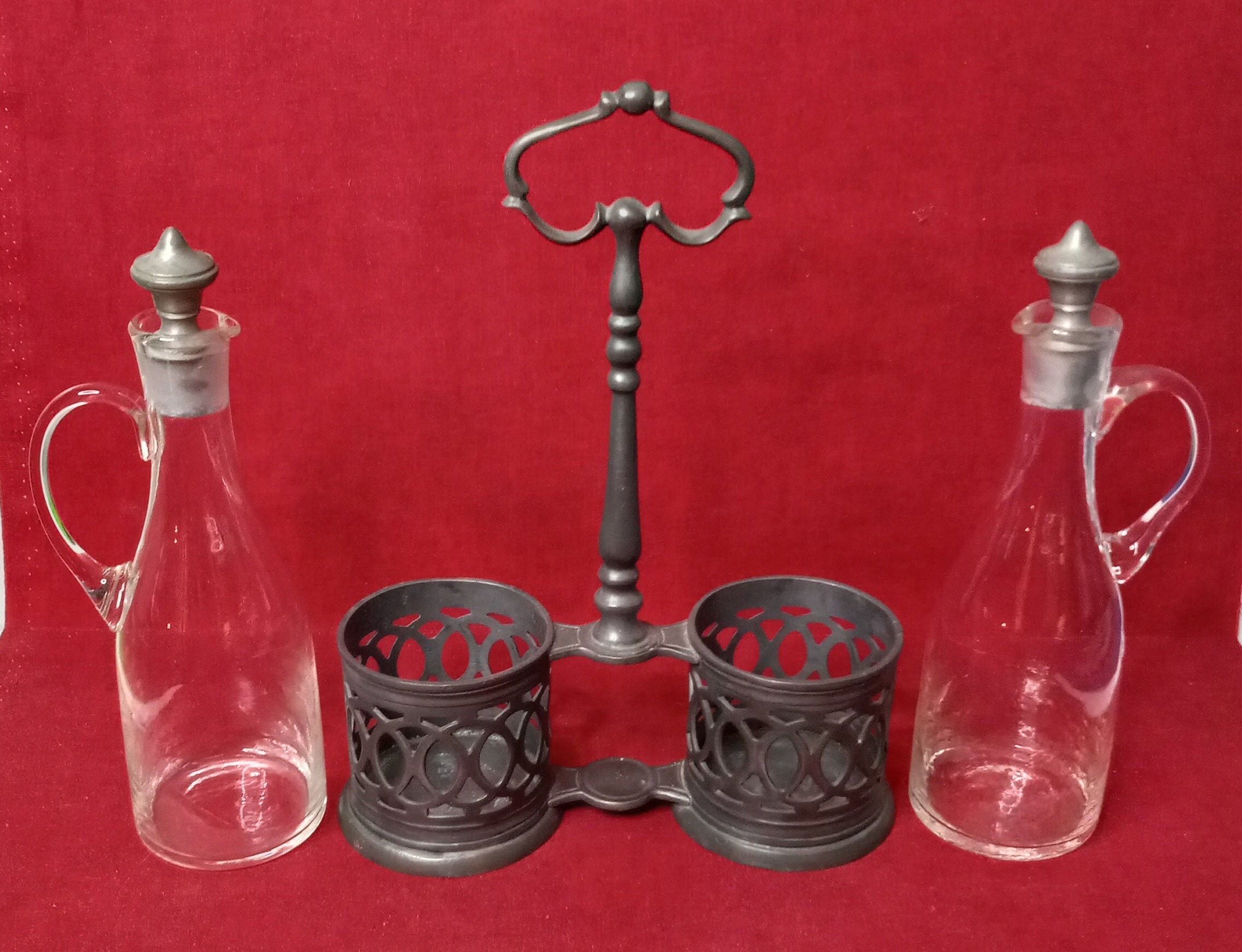 Vintage Glass Cruet Set in Pewter Caddy With Pewter Lids - Etsy