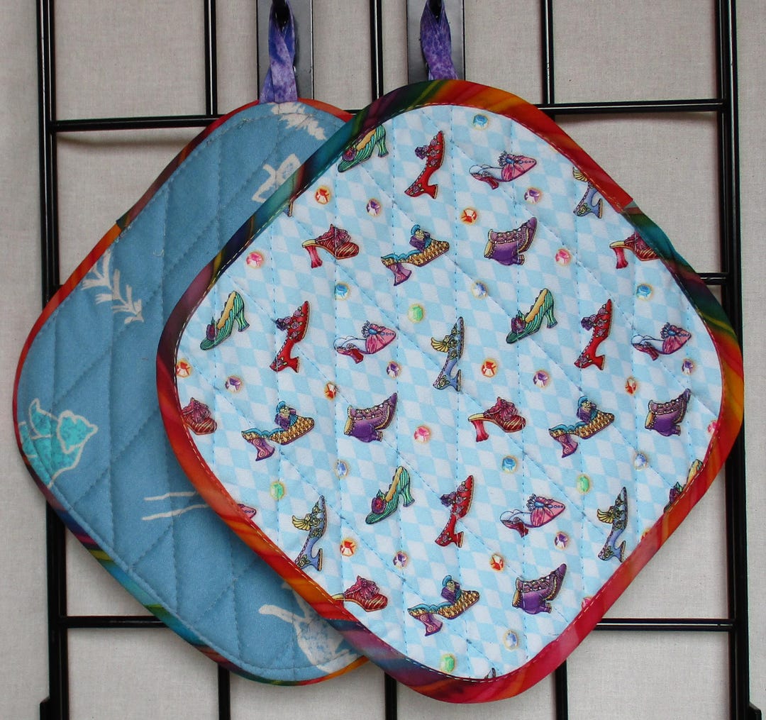 Fancy Shoes Pot Holders: Blue Multi Harlequin Quilted Homemade ...