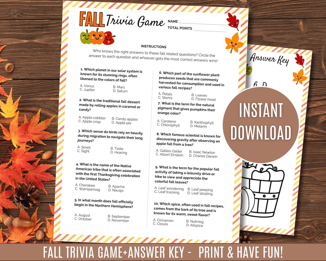 Printable Fall Trivia Game, Autumn Trivia Quiz, Autumn Activities for ...